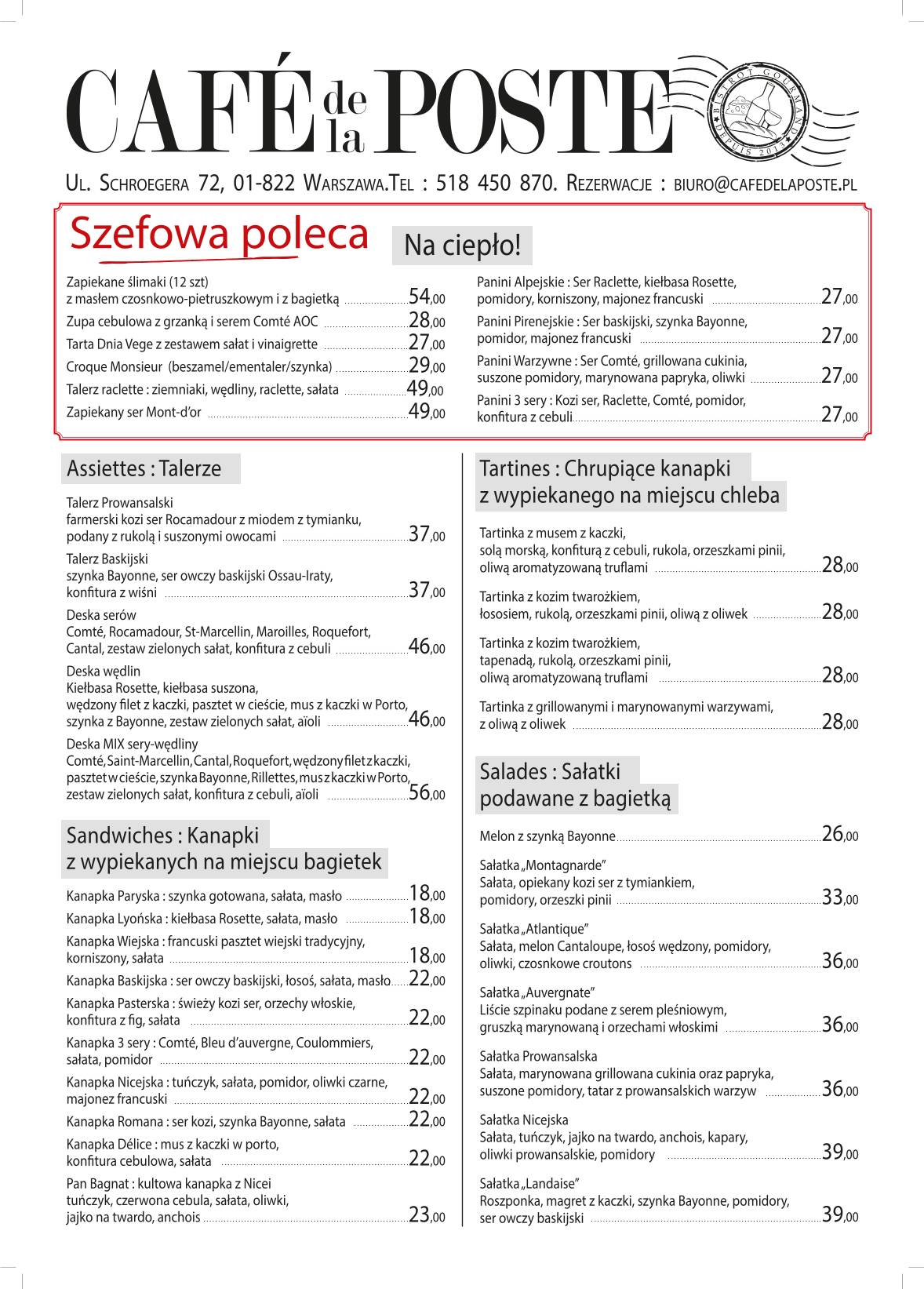 Menu at Café de la Poste cafe, Warsaw