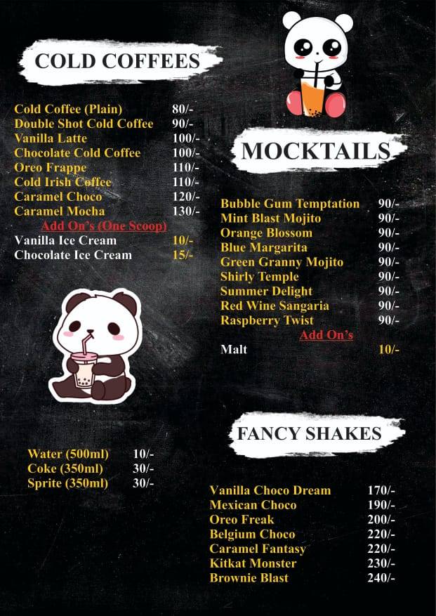 Menu at Cafe panda, Amalapuram