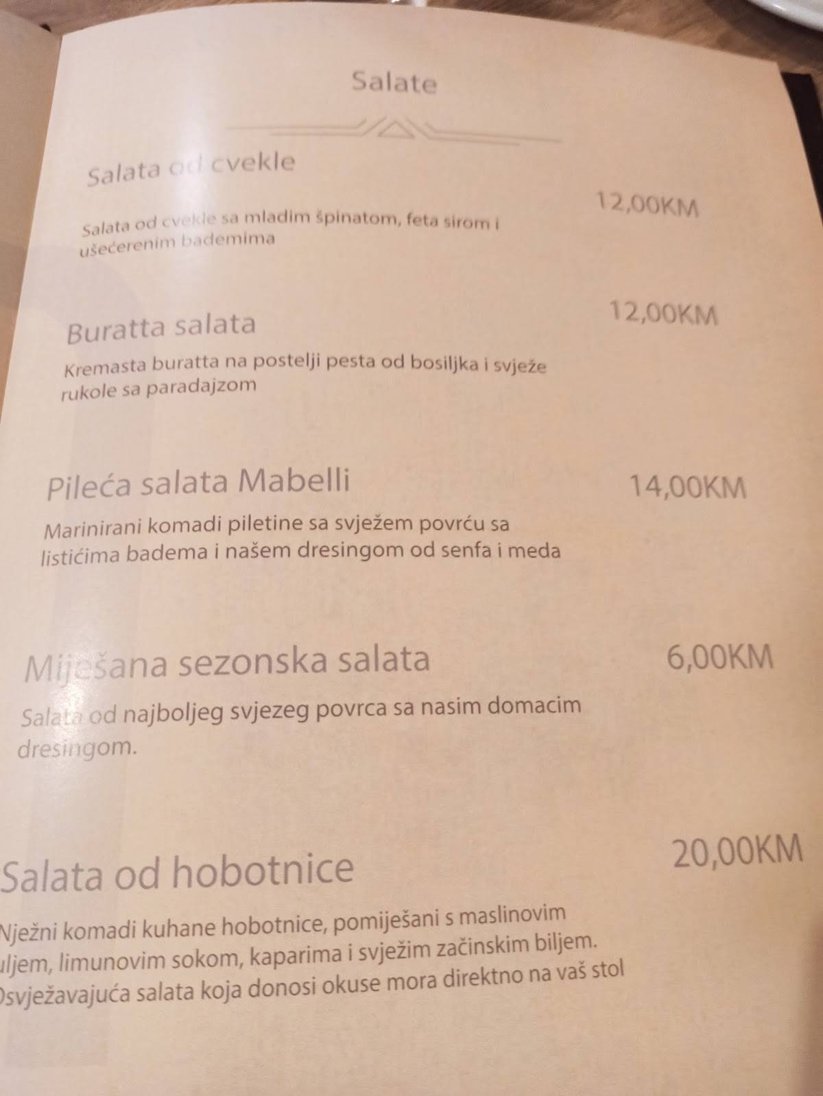 Menu at Cafe restoran Mabelli, Sarajevo