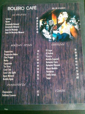 Menu at Bolero Café, Mexico City