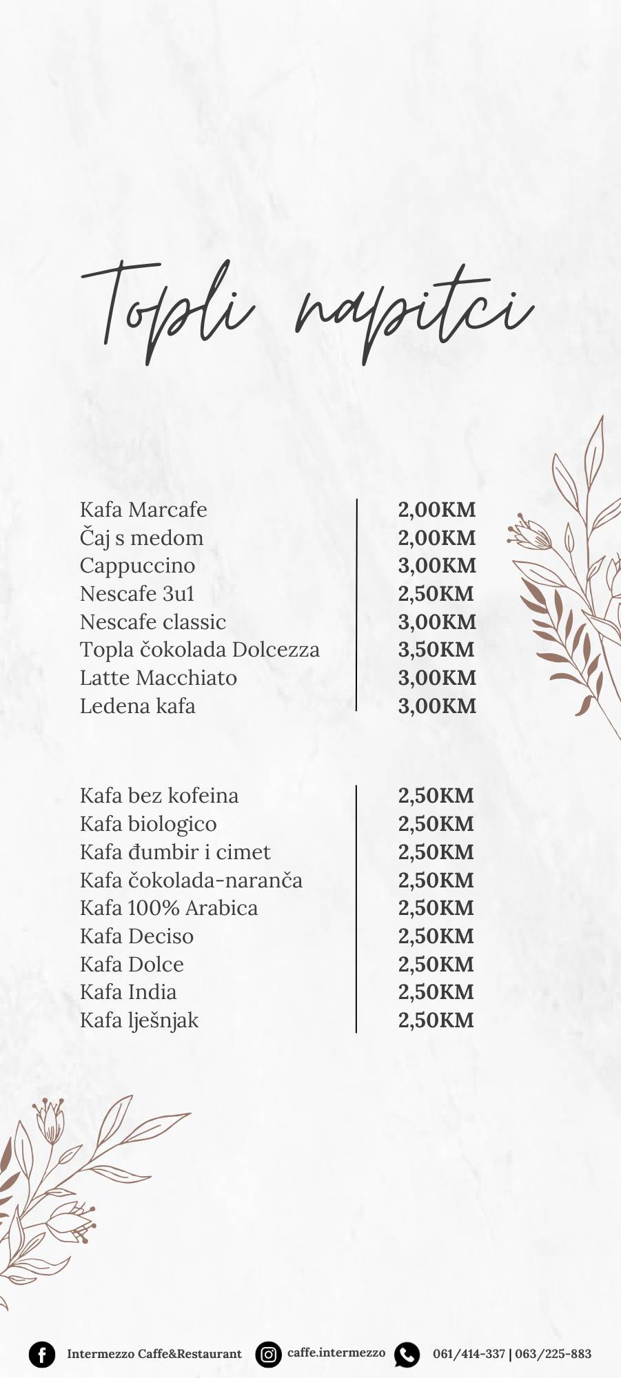 Menu at Caffe Intermezzo restaurant, Živinice Grad