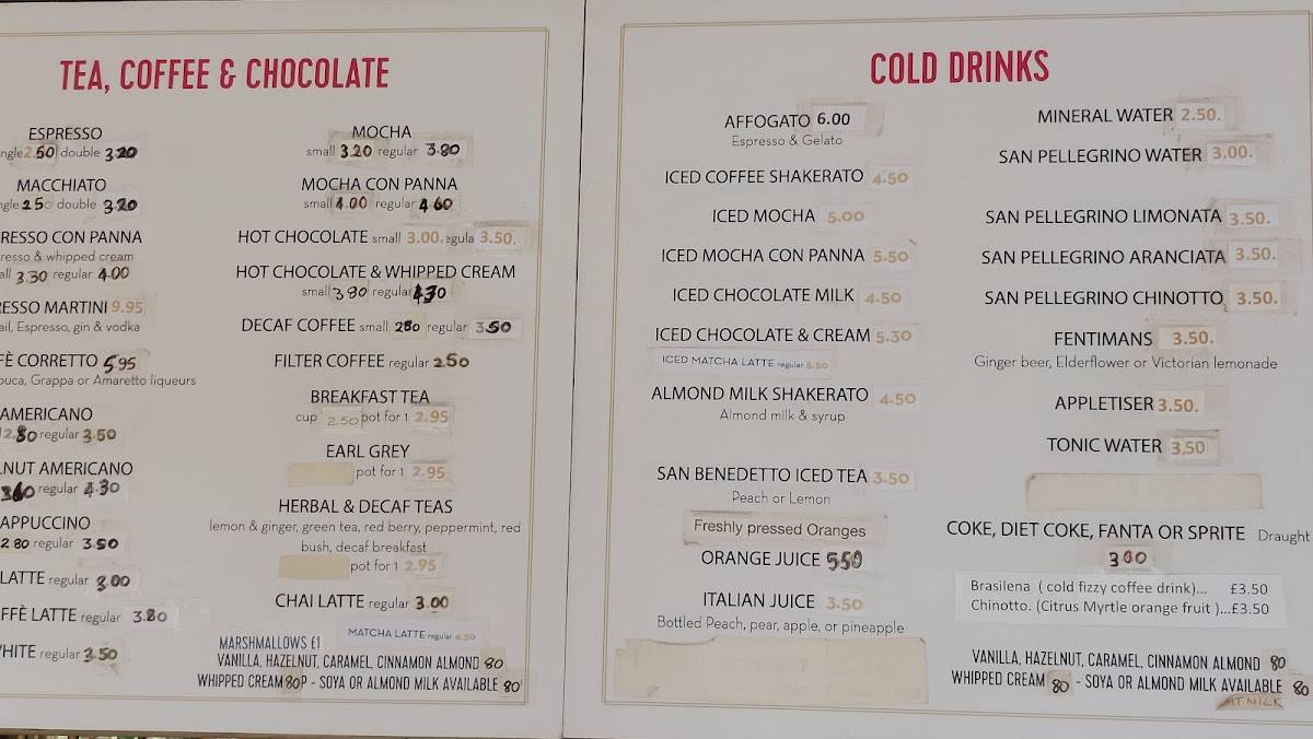 Menu at Caffè Tropea cafe, London