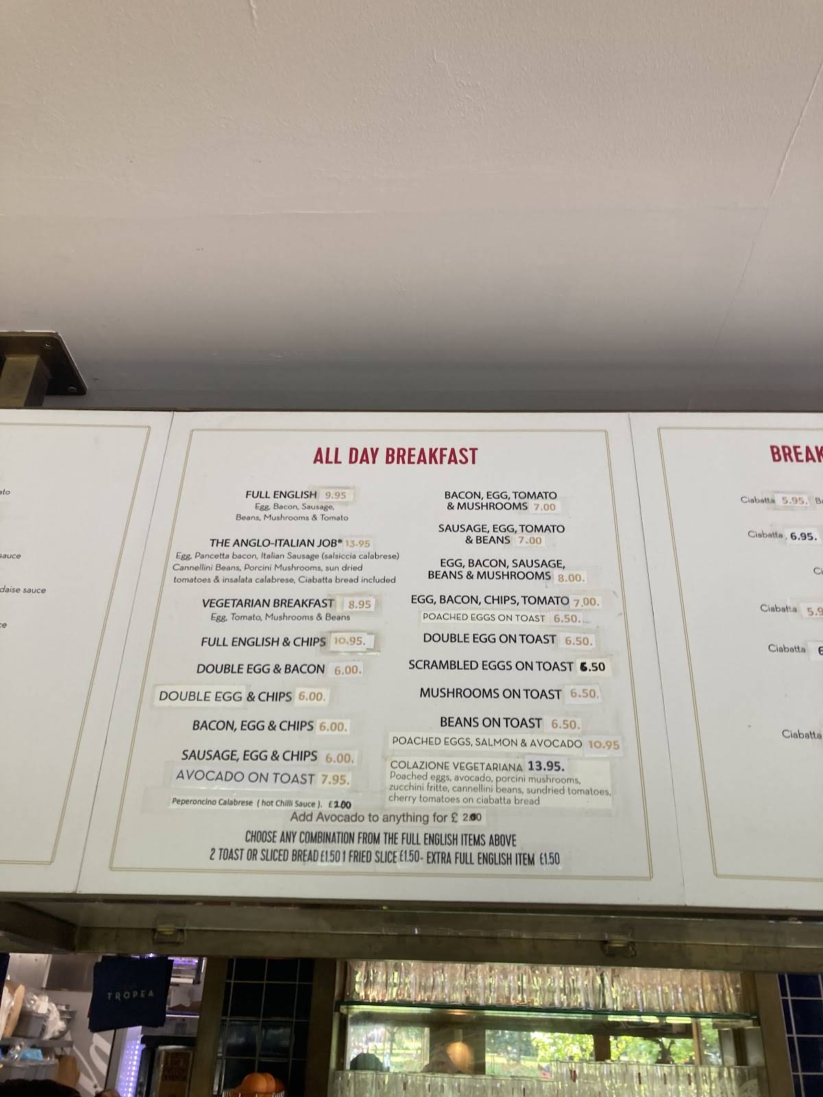Menu at Caffè Tropea cafe, London