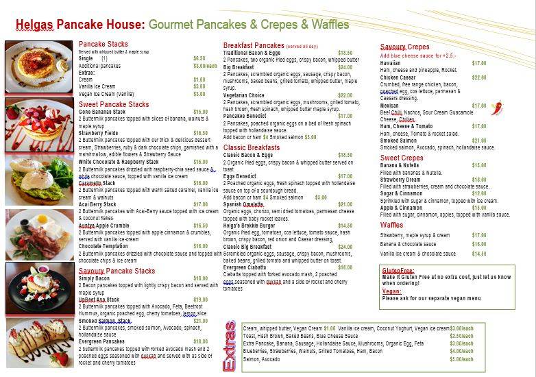 Menu at Helga's Pancake House cafe, Cairns City, 45-47 Spence St