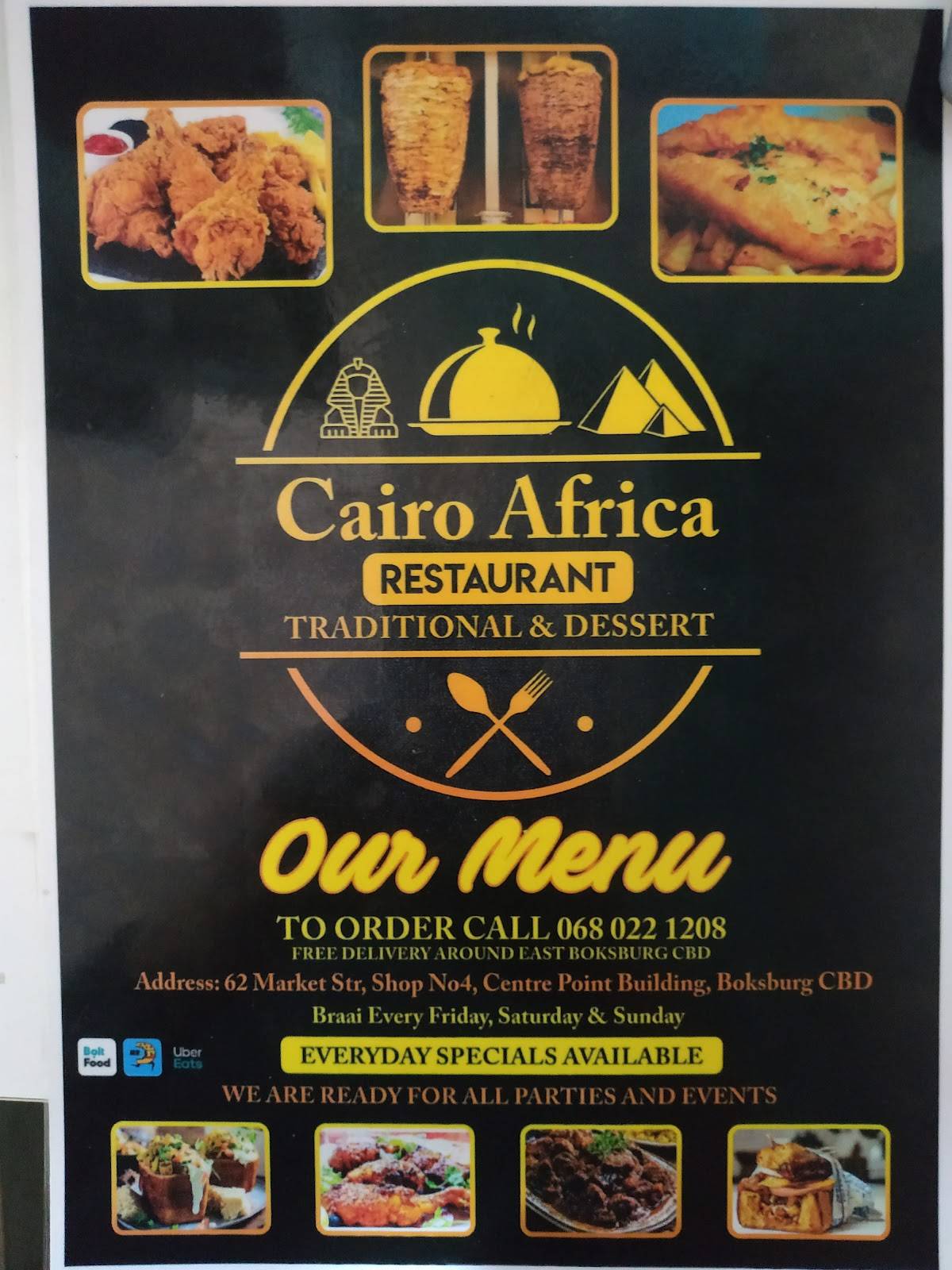 Menu at Cairo Africa restaurant, Boksburg