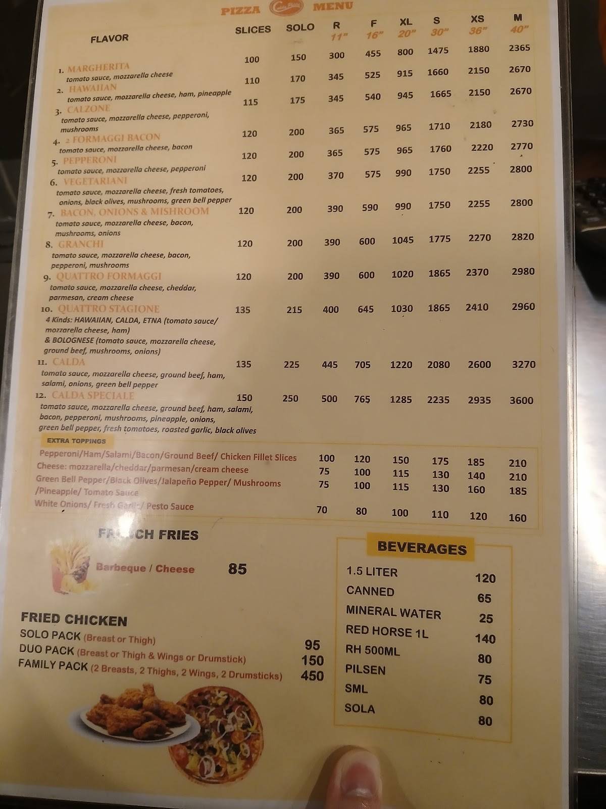 Menu at Calda Pizza restaurant, Cebu City, 9W27+79M