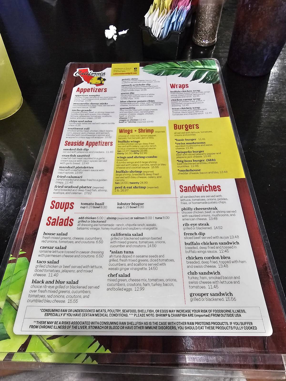 Menu at California Bar & Grill, Bossier City