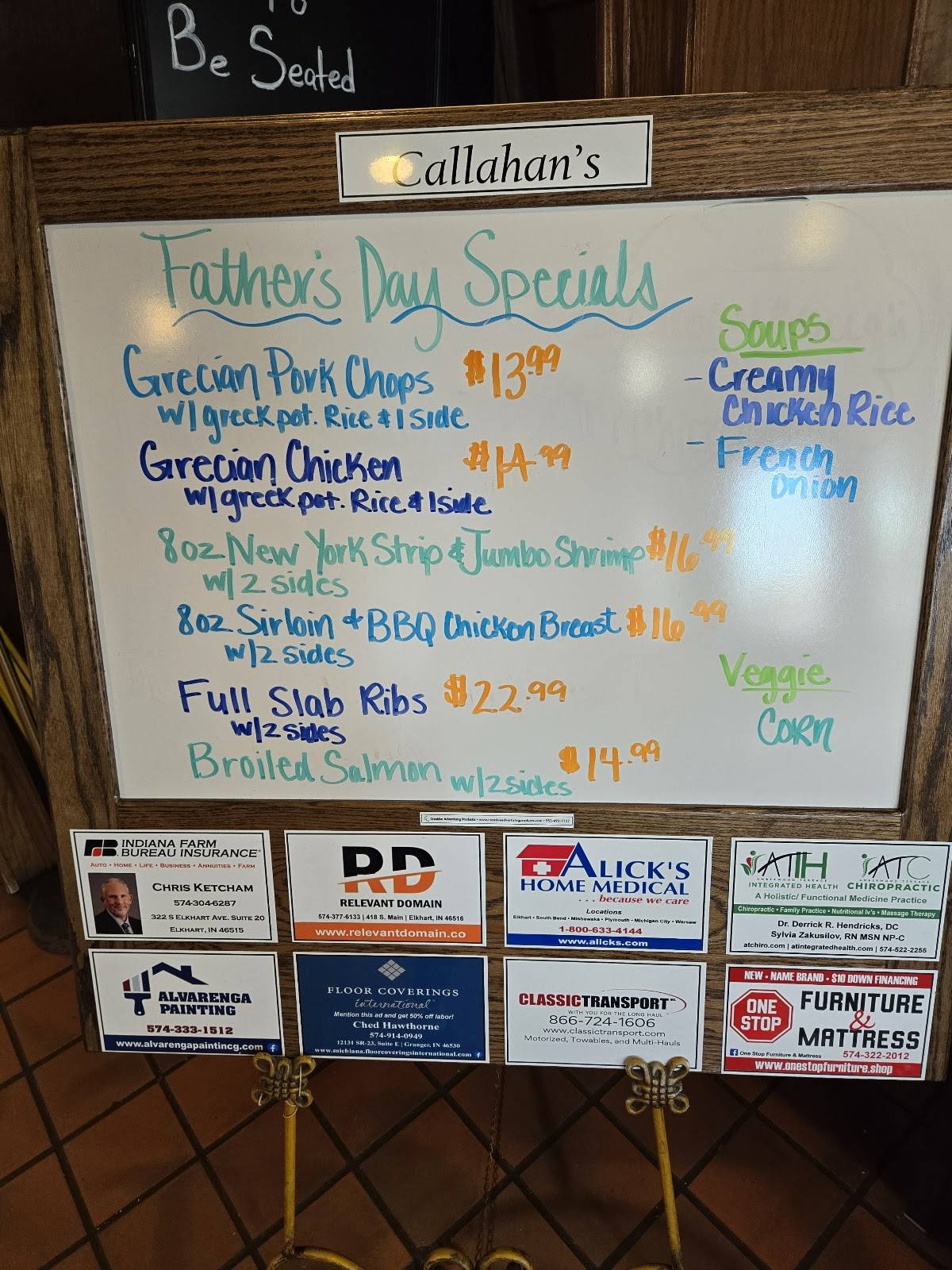 Menu at Callahan's Restaurant, Elkhart