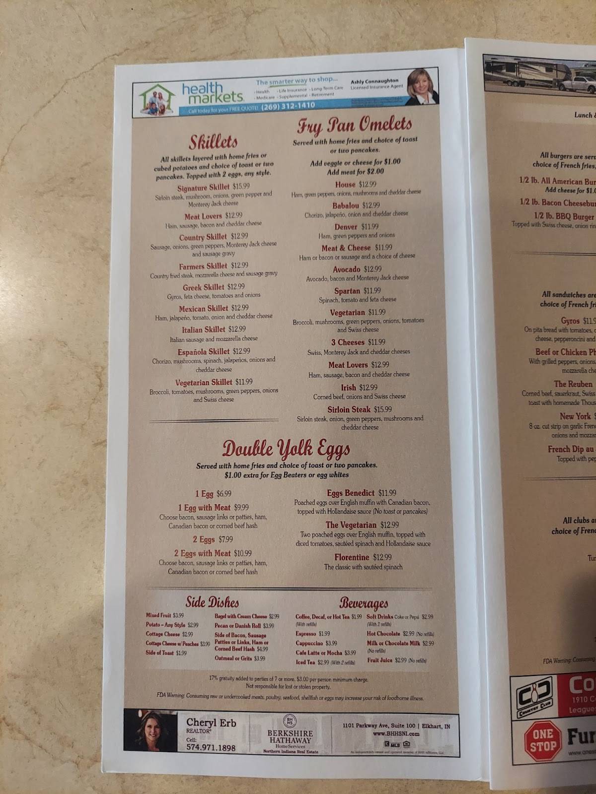 Menu at Callahan's Restaurant, Elkhart