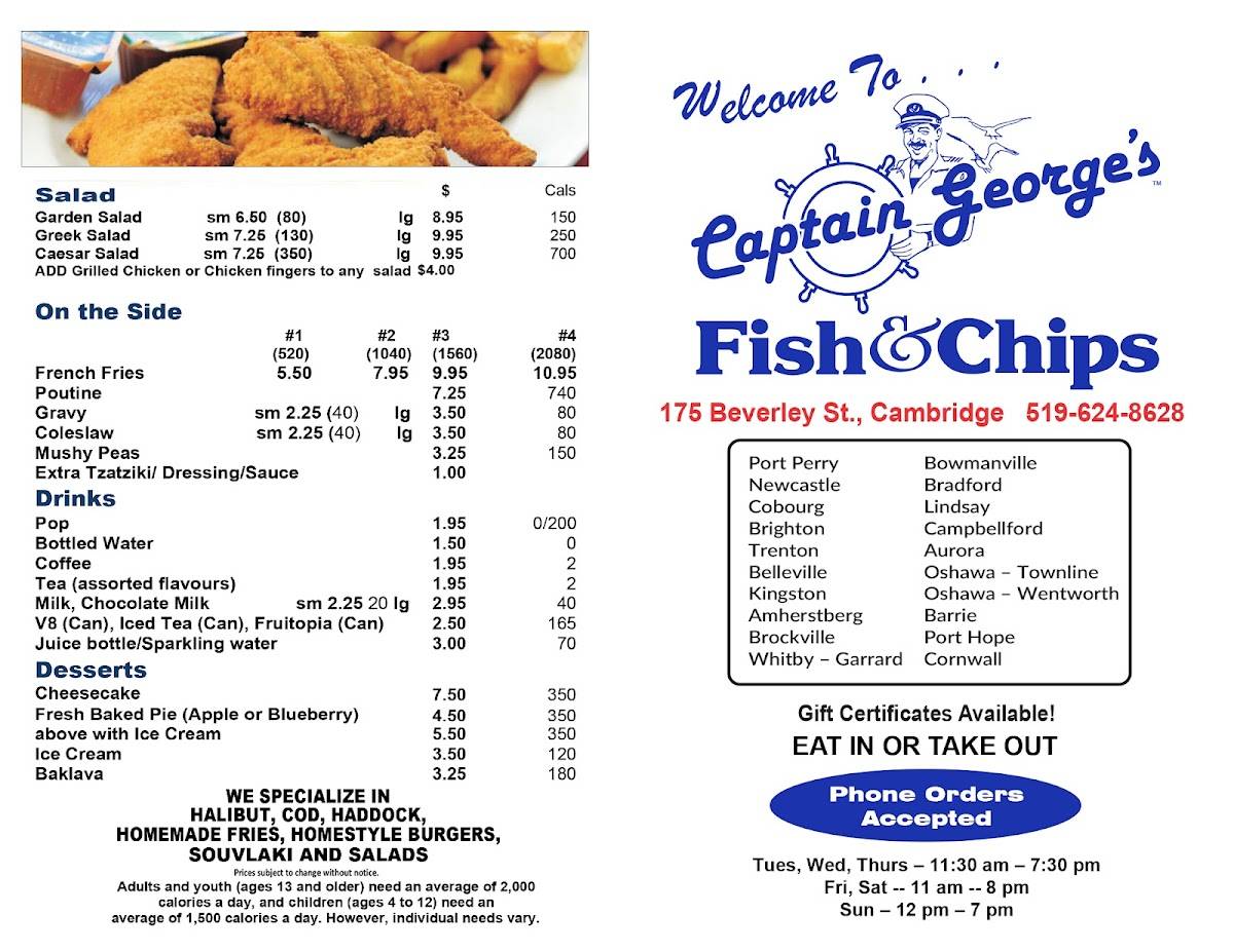 Menu at Captain George's Fish & Chips restaurant, Cambridge