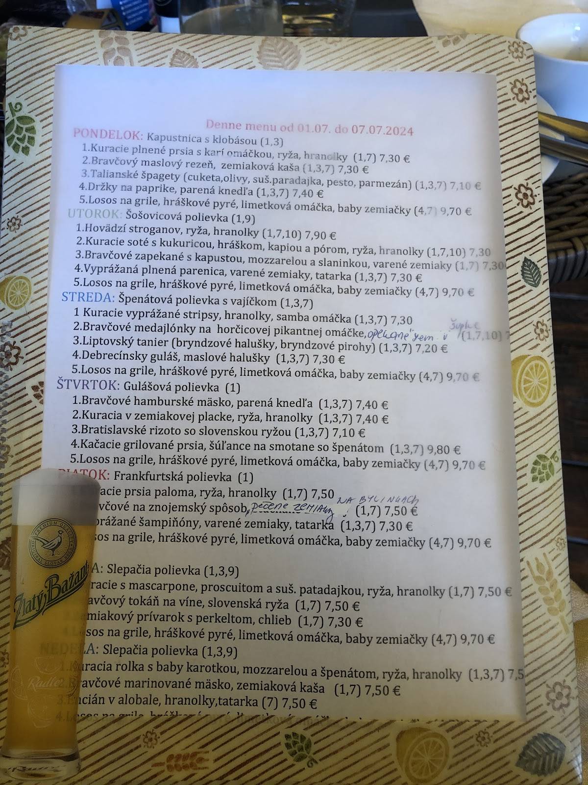 Menu at Camellia restaurant, Košice