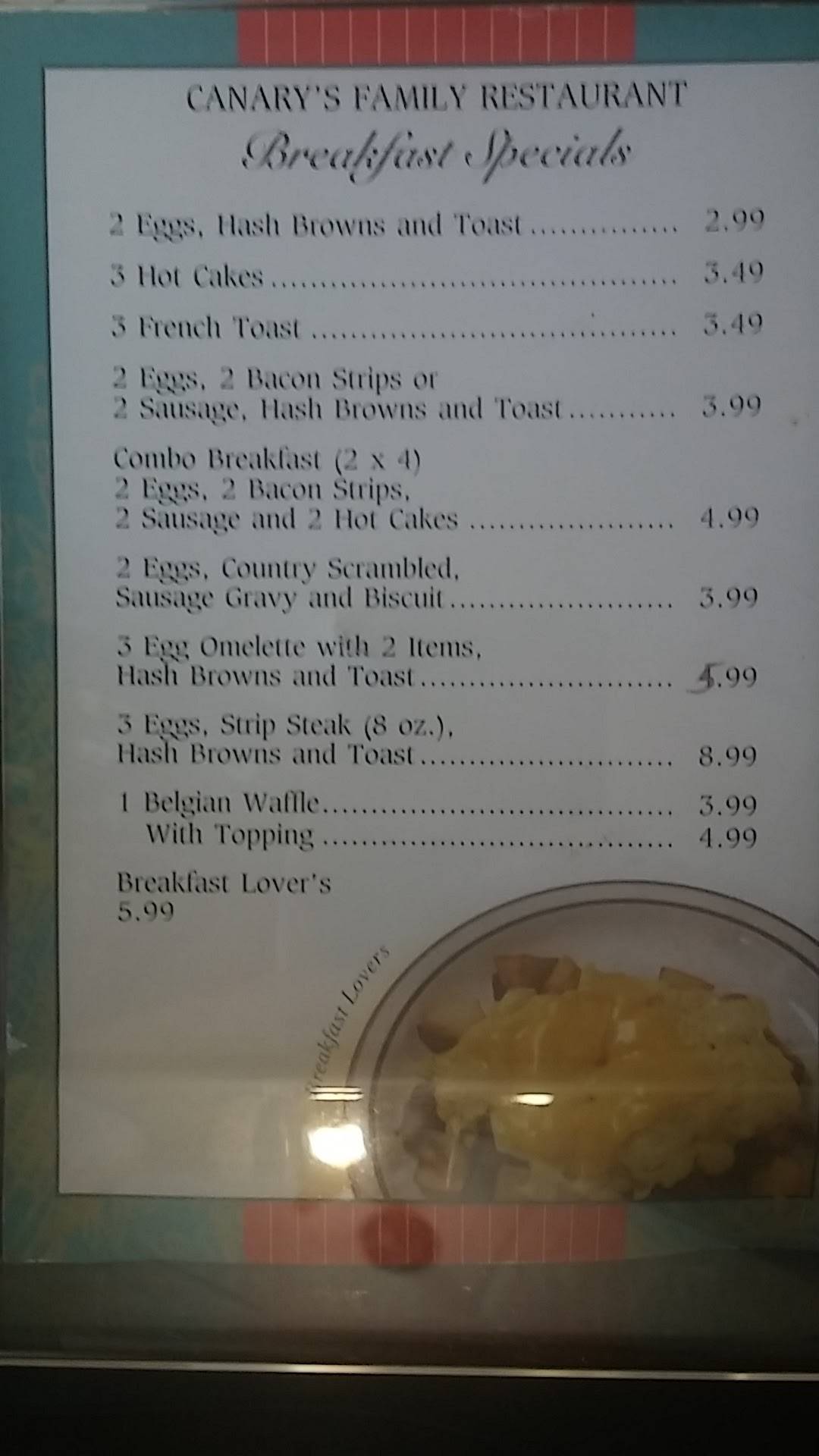 Menu at Canary's Family Restaurant, North Olmsted
