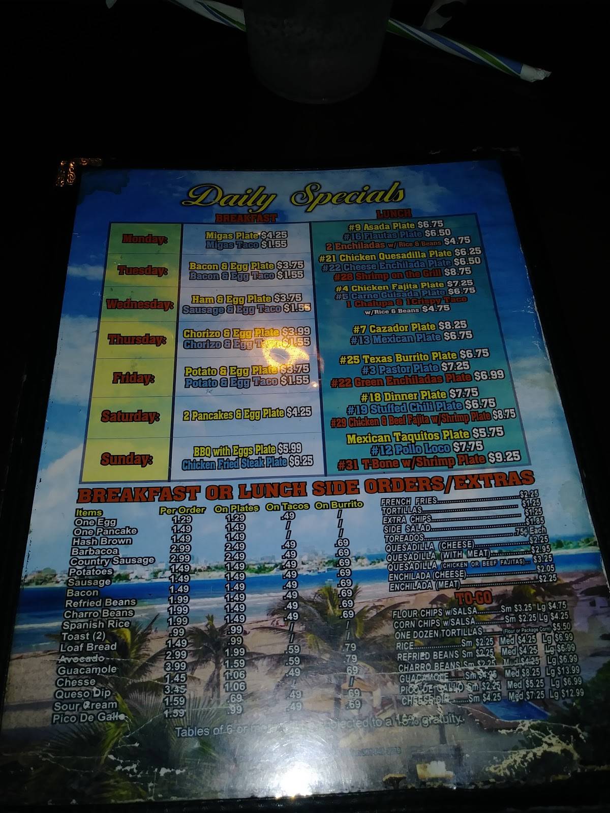 Menu at Cancun restaurant, Corpus Christi, S Alameda St
