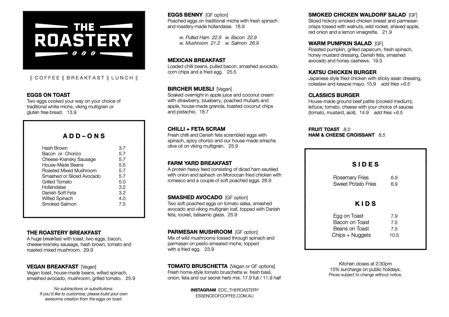 Menu at The Roastery cafe, Canning Vale, 10/395 Warton Rd