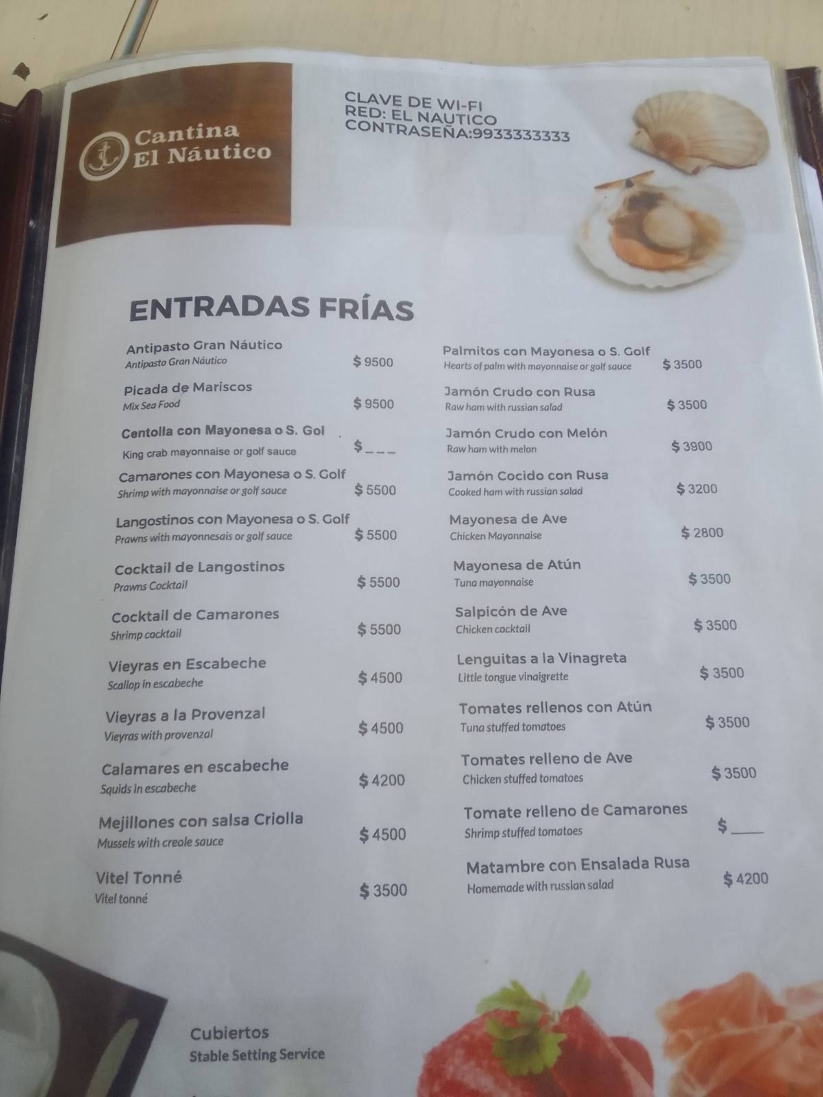 Carta del restaurante Cantina el Náutico, Puerto Madryn