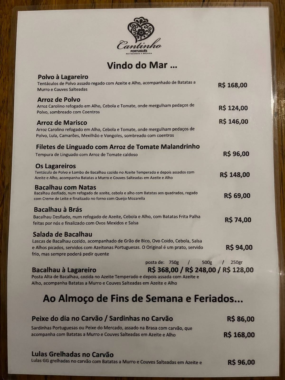 Menu em Cantinho Português restaurante, São Paulo, Av. dos Imarés