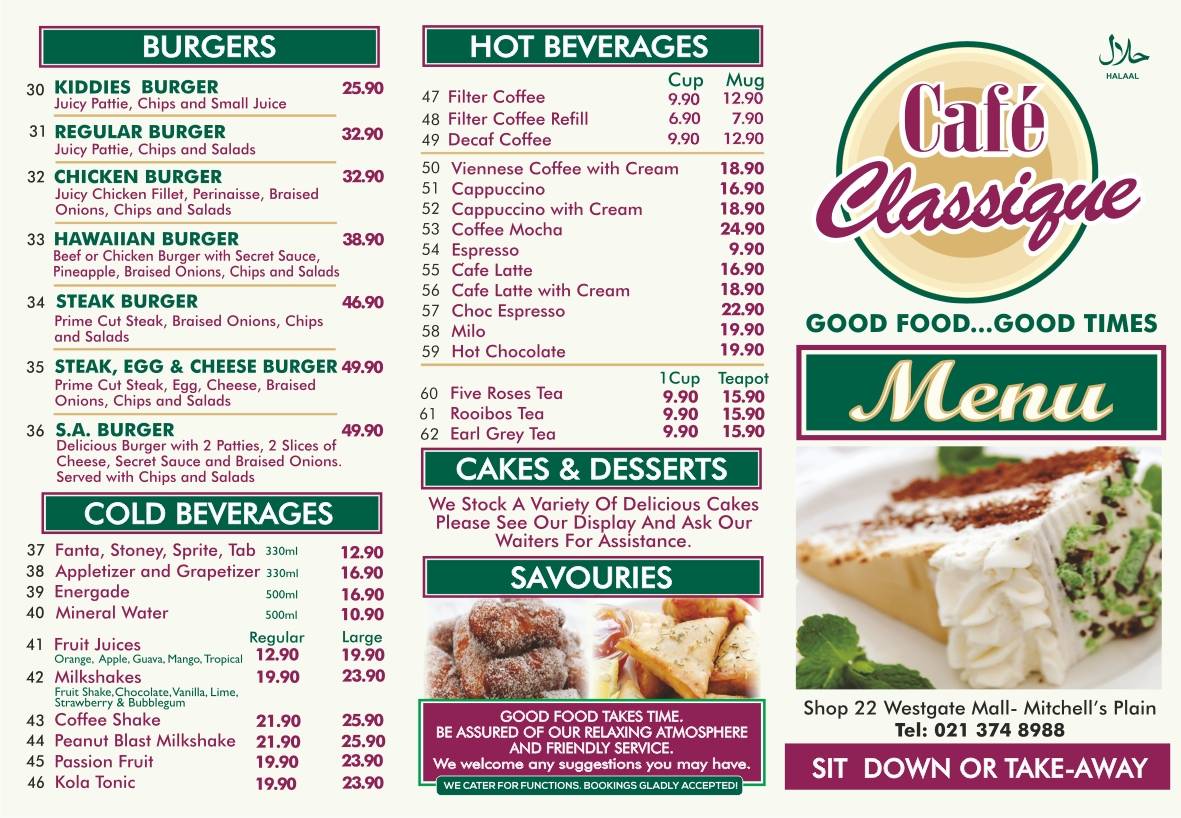 Menu at CAFE CLASSIQUE, Cape Town, Shop 22