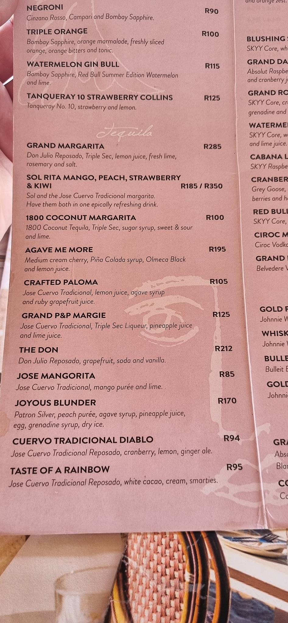 Menu at Grand Africa Café & Beach restaurant, Cape Town