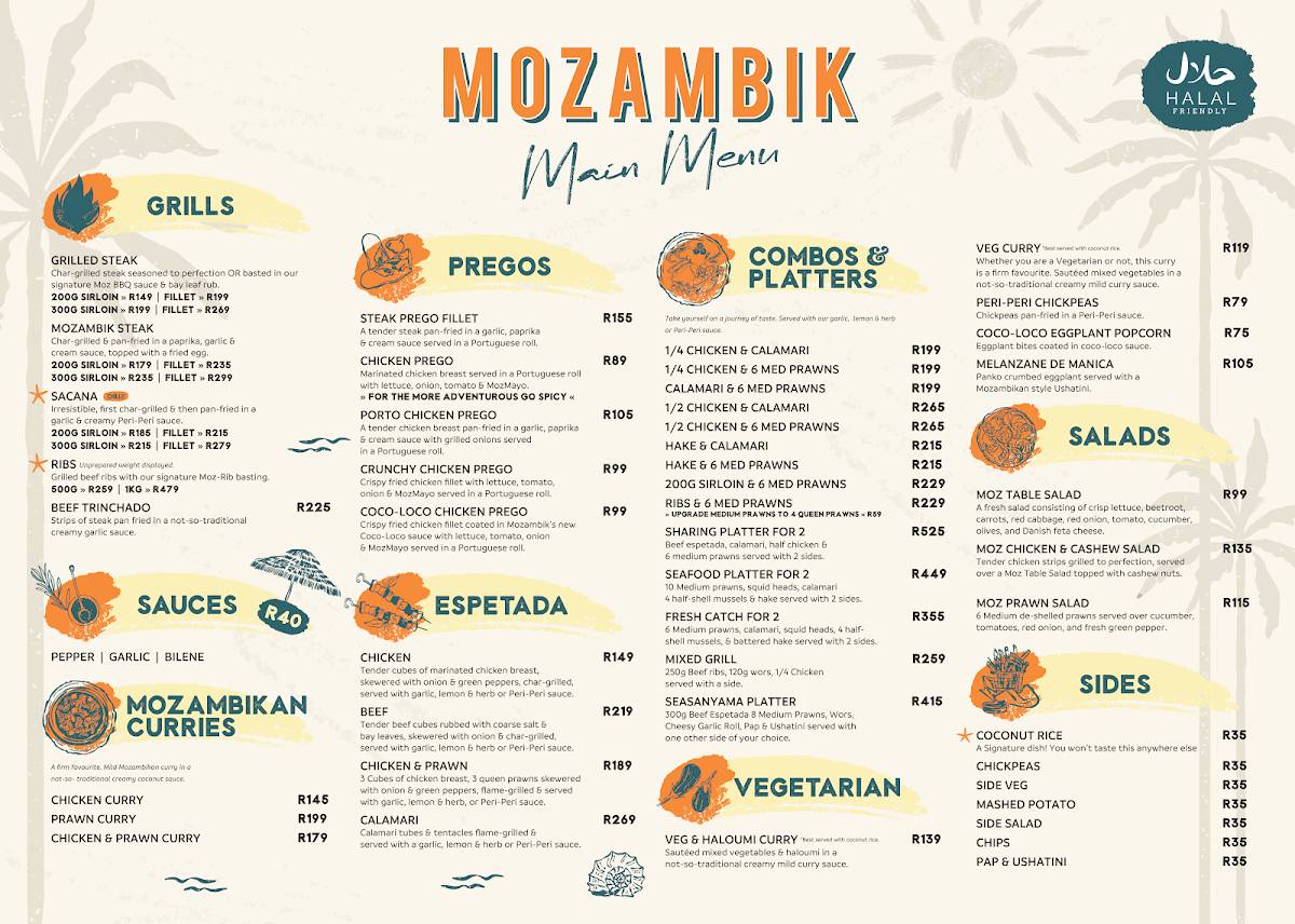 Menu at Mozambik Cavendish restaurant, Cape Town