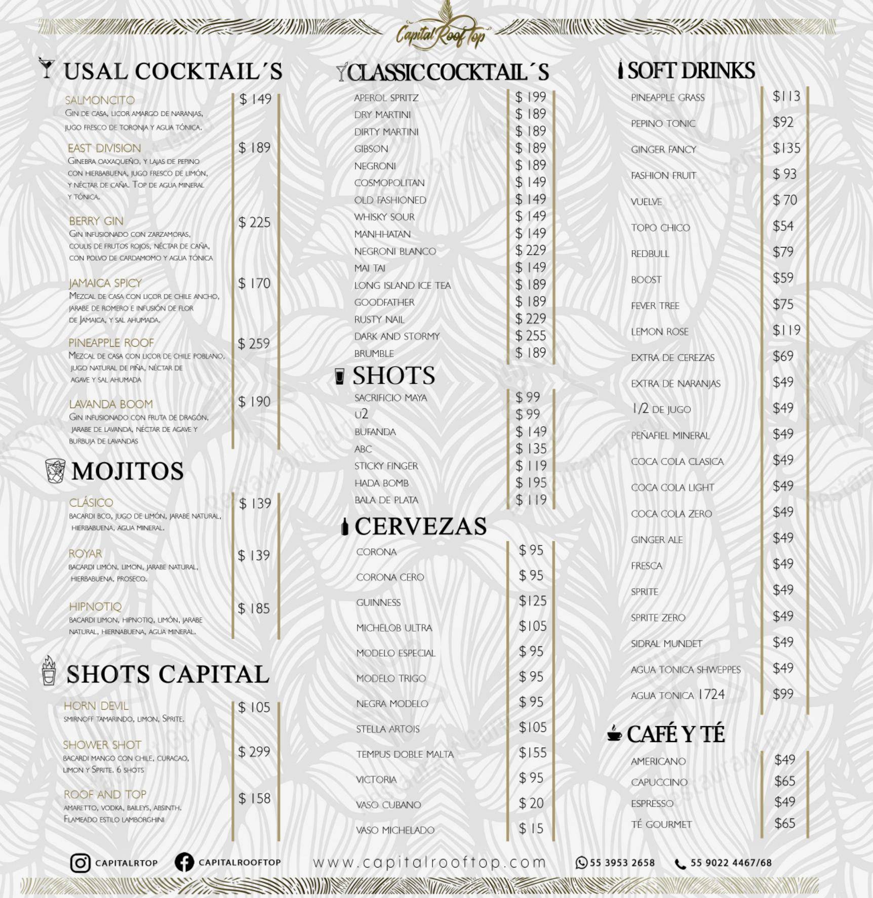 Menu at Capital Roof Top pub & bar, Mexico City
