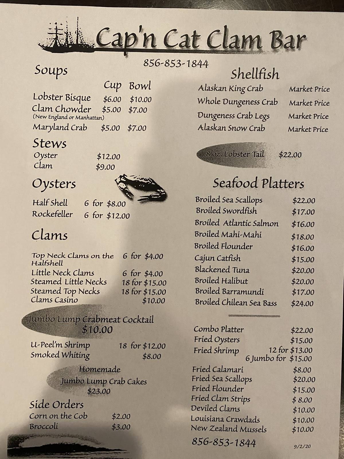 Menu at Cap'n Cats Clam Bar & Tavern, West Deptford