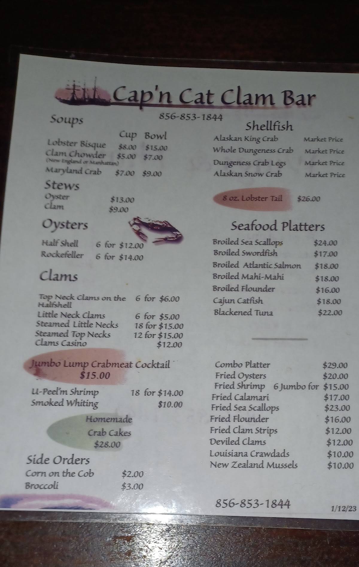Menu at Cap'n Cats Clam Bar & Tavern, West Deptford