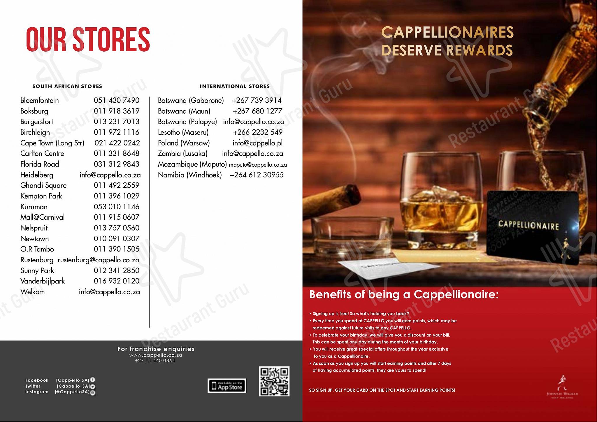 Menu at Cappello umhlanga restaurant, Durban, Shop R 34