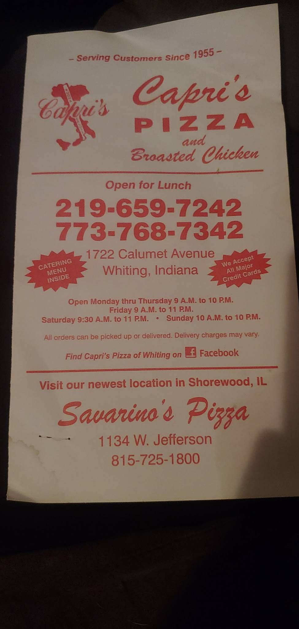 Menu at Capri's Pizza Of Whiting pizzeria, Whiting