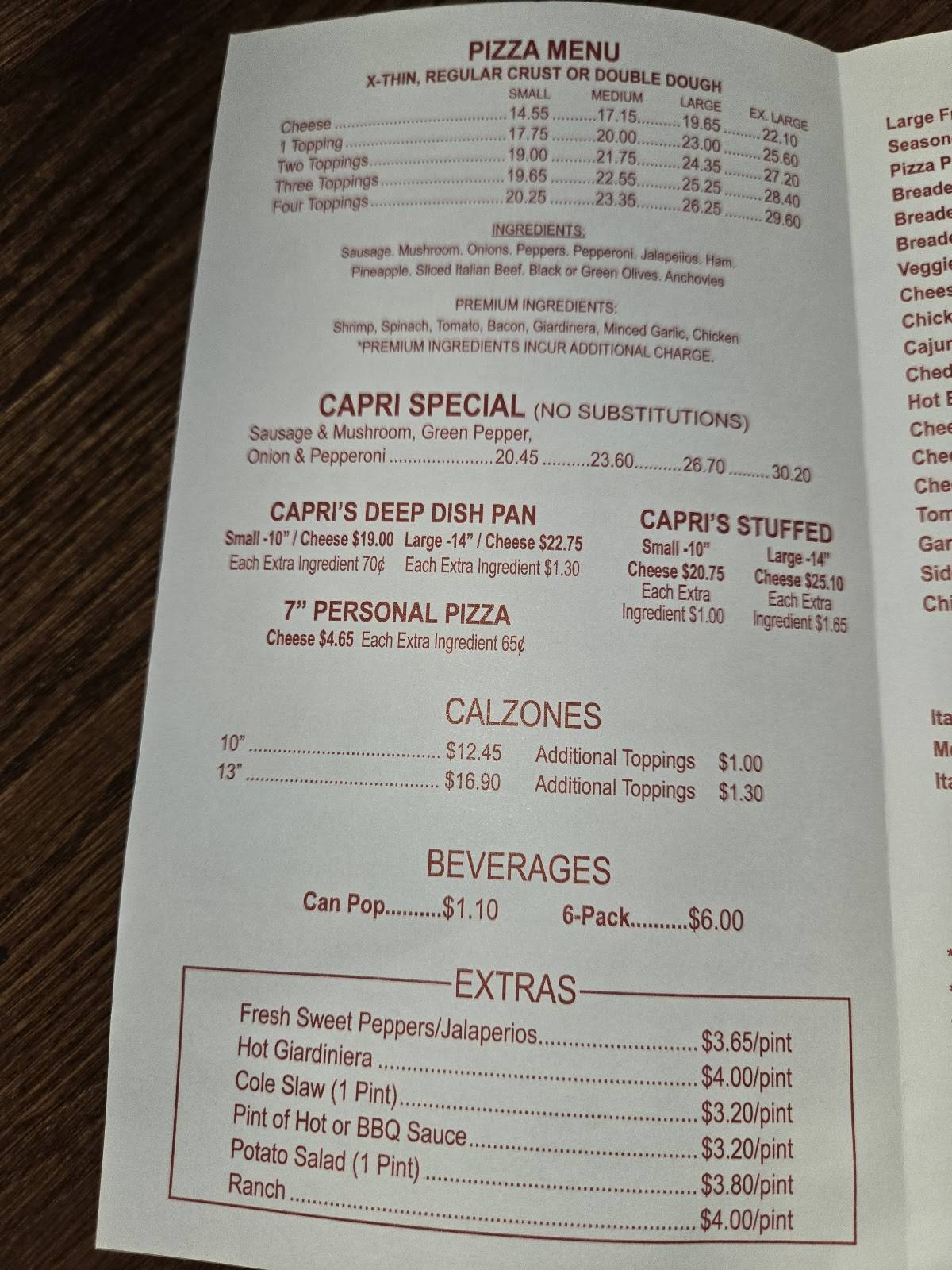 Menu at Capri's Pizza Of Whiting pizzeria, Whiting