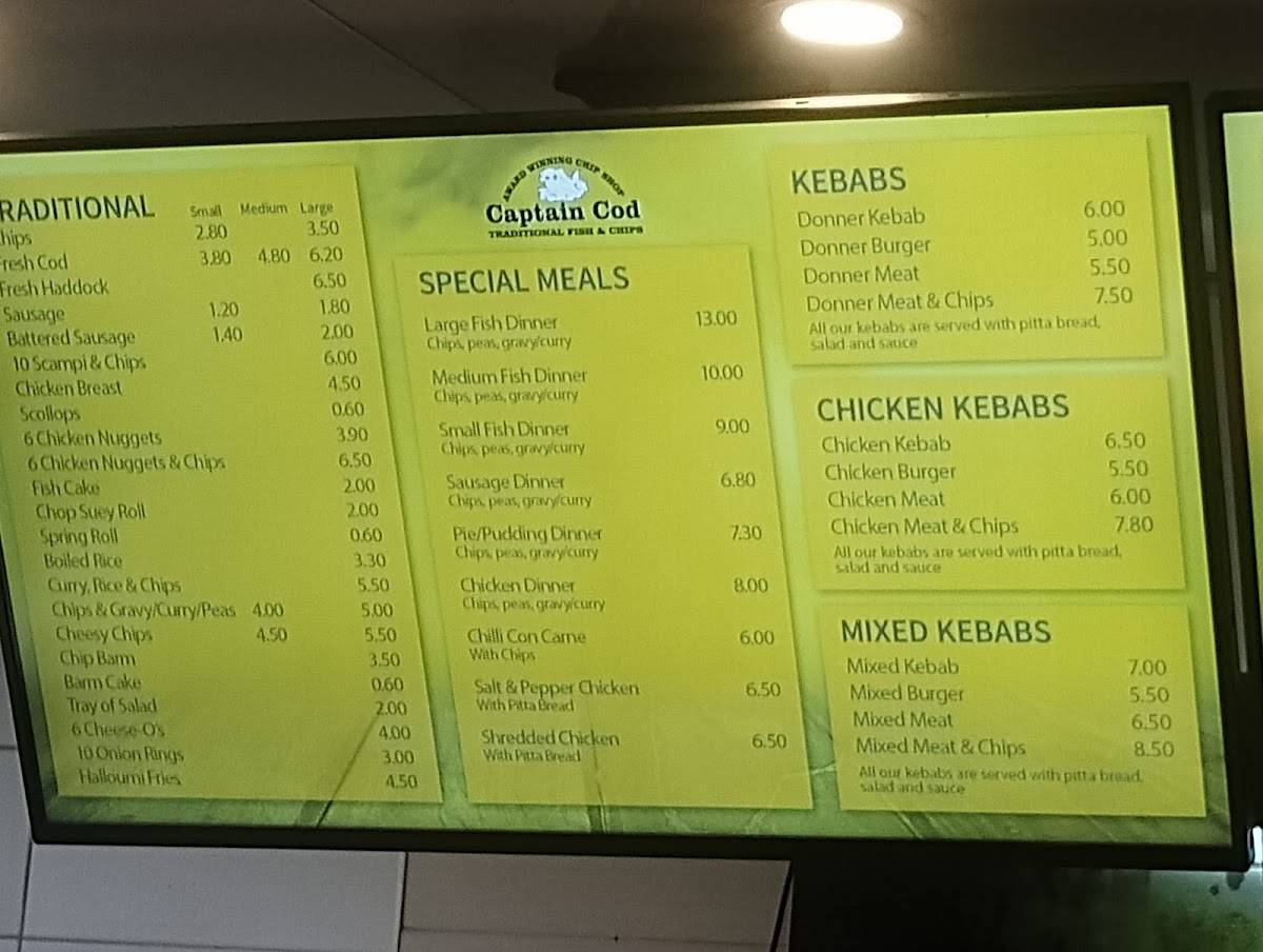 Menu at Captain Cod fast food, Salford, 189 Eccles Old Rd