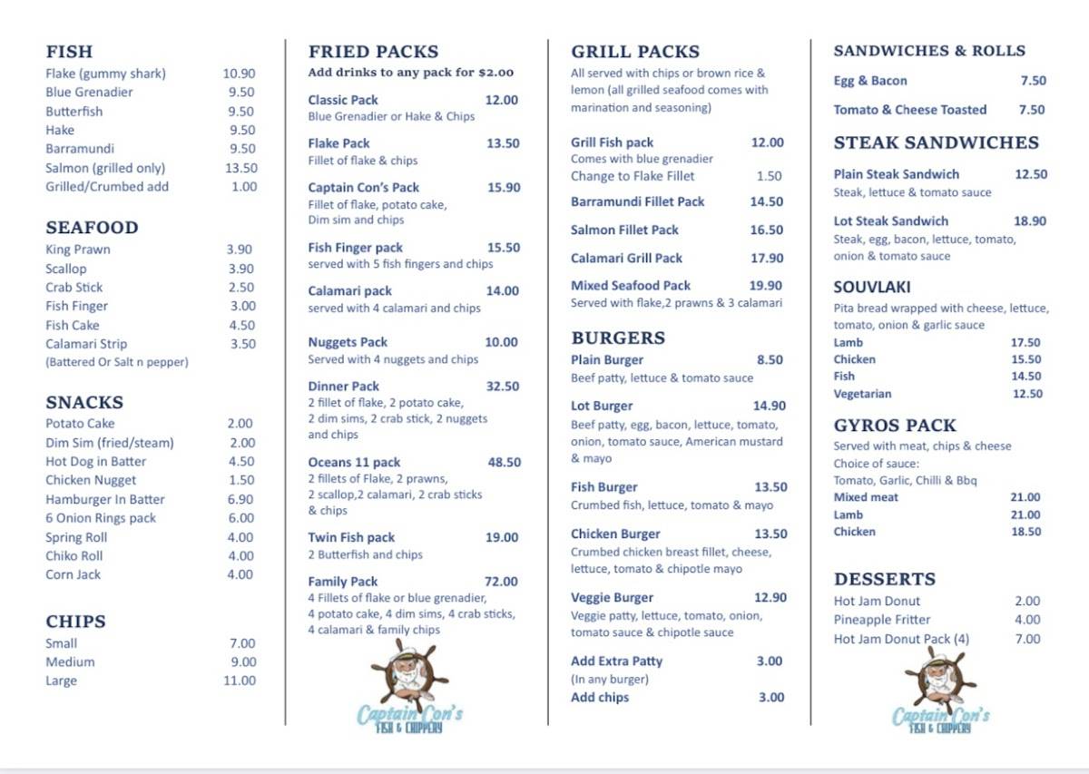 Menu at Captain Con's Fish and Chips restaurant, Pakenham