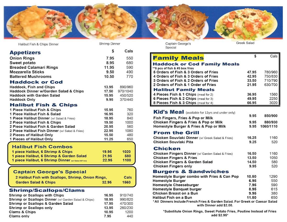 Menu at Captain George's Fish & Chips restaurant, Cambridge