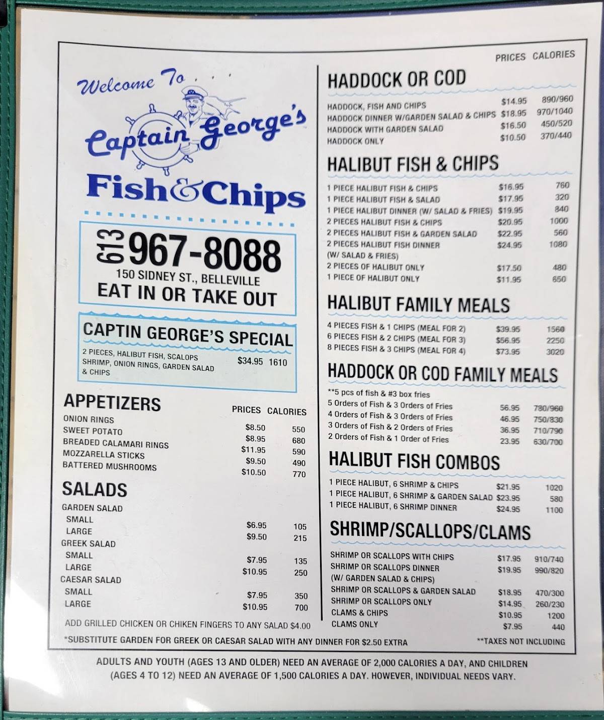 Menu at Captain George's Fish and Chips restaurant, Belleville