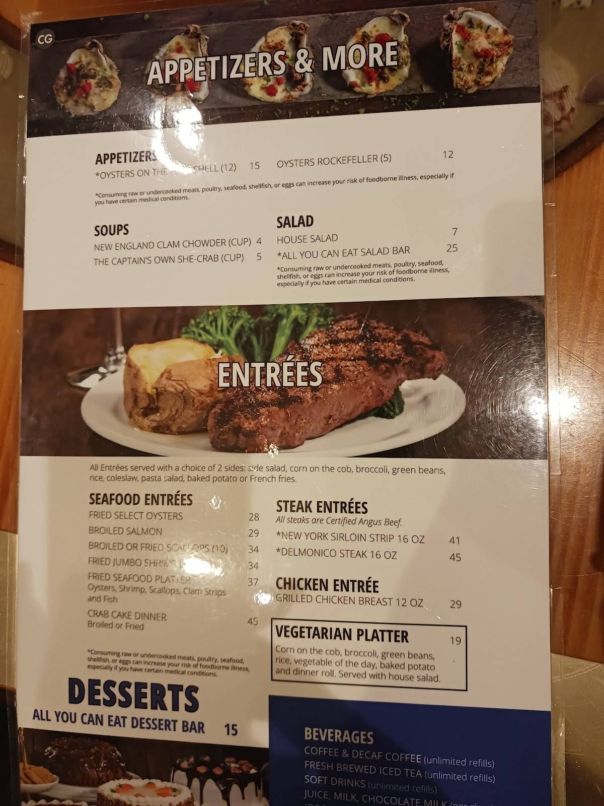 Menu at Captain George's Seafood Restaurant, Williamsburg