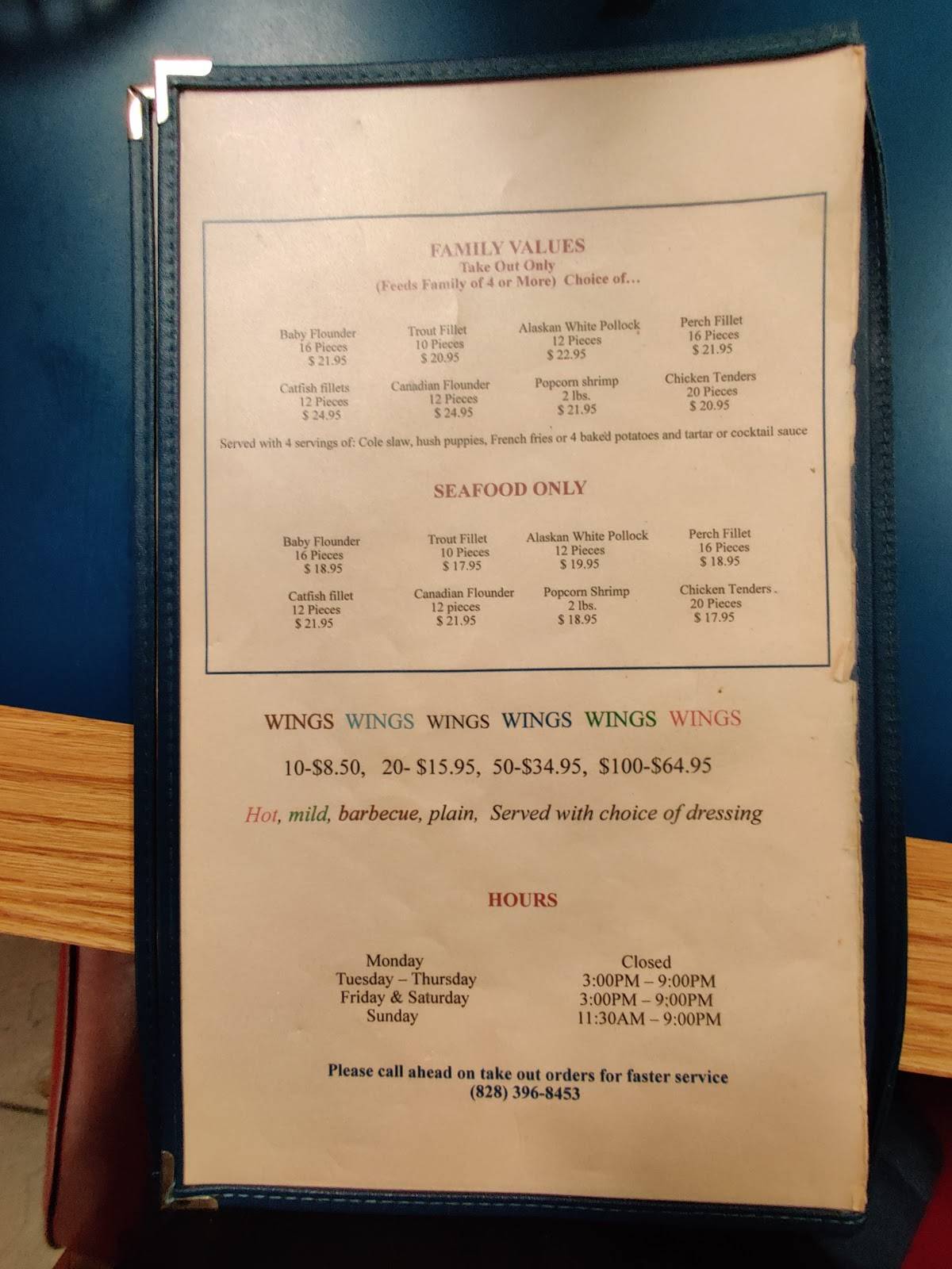 Menu at Captain's Galley Seafood restaurant, Granite Falls, Hickory Blvd