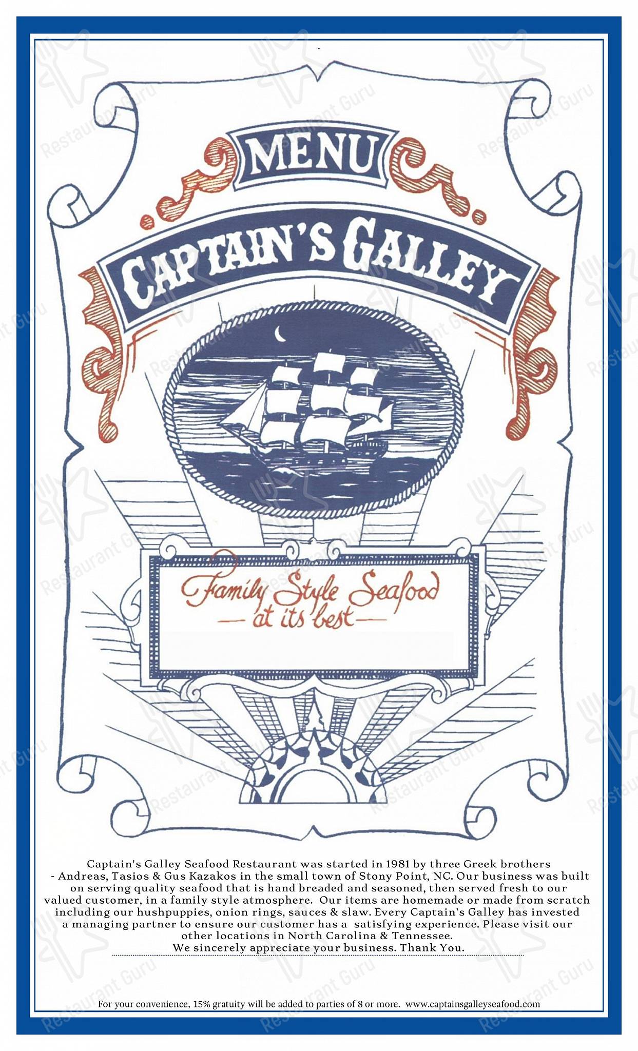 Menu at Captain's Galley Seafood restaurant, Granite Falls, Hickory Blvd