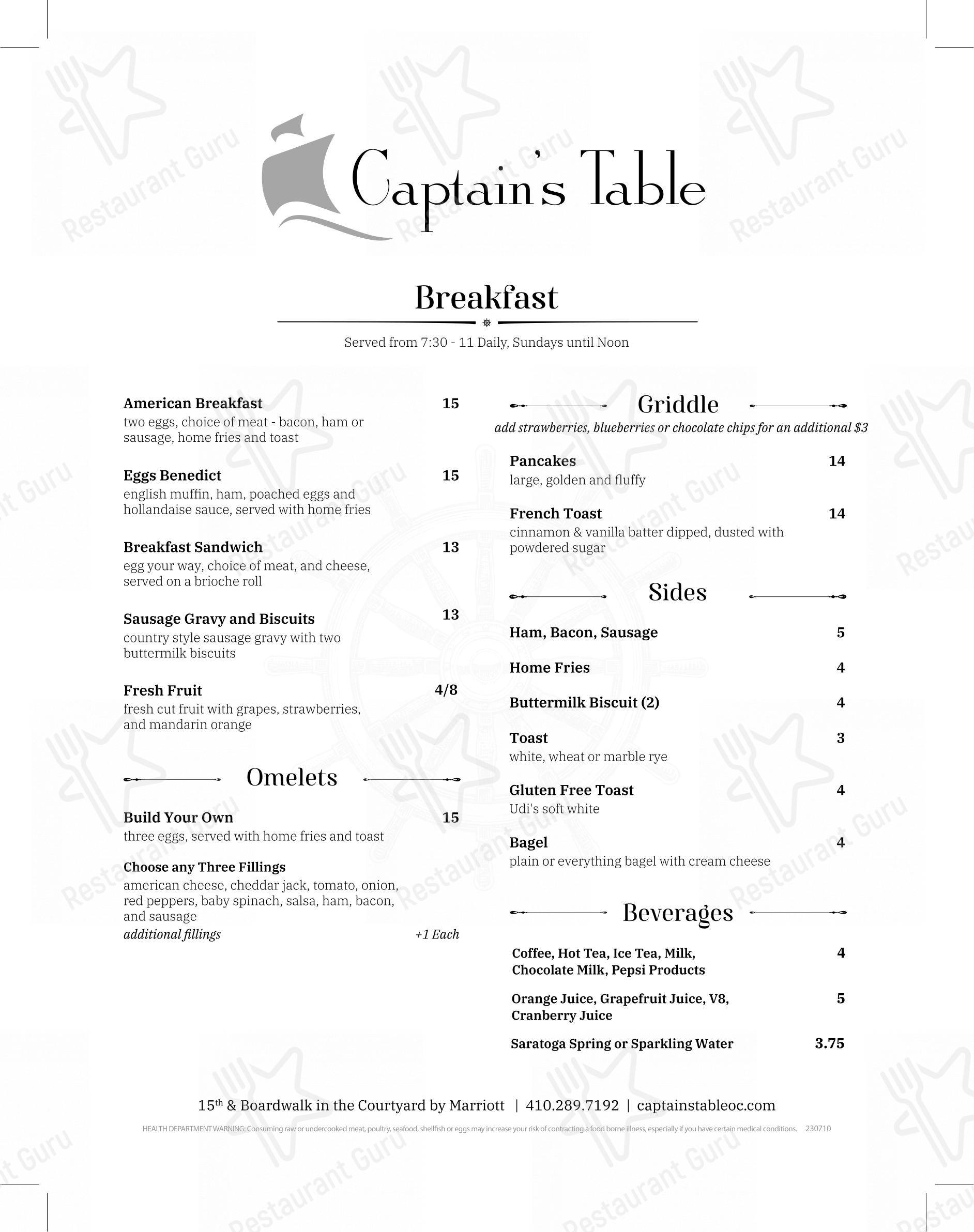 Menu at Captain's Table Restaurant and Bar, Ocean City
