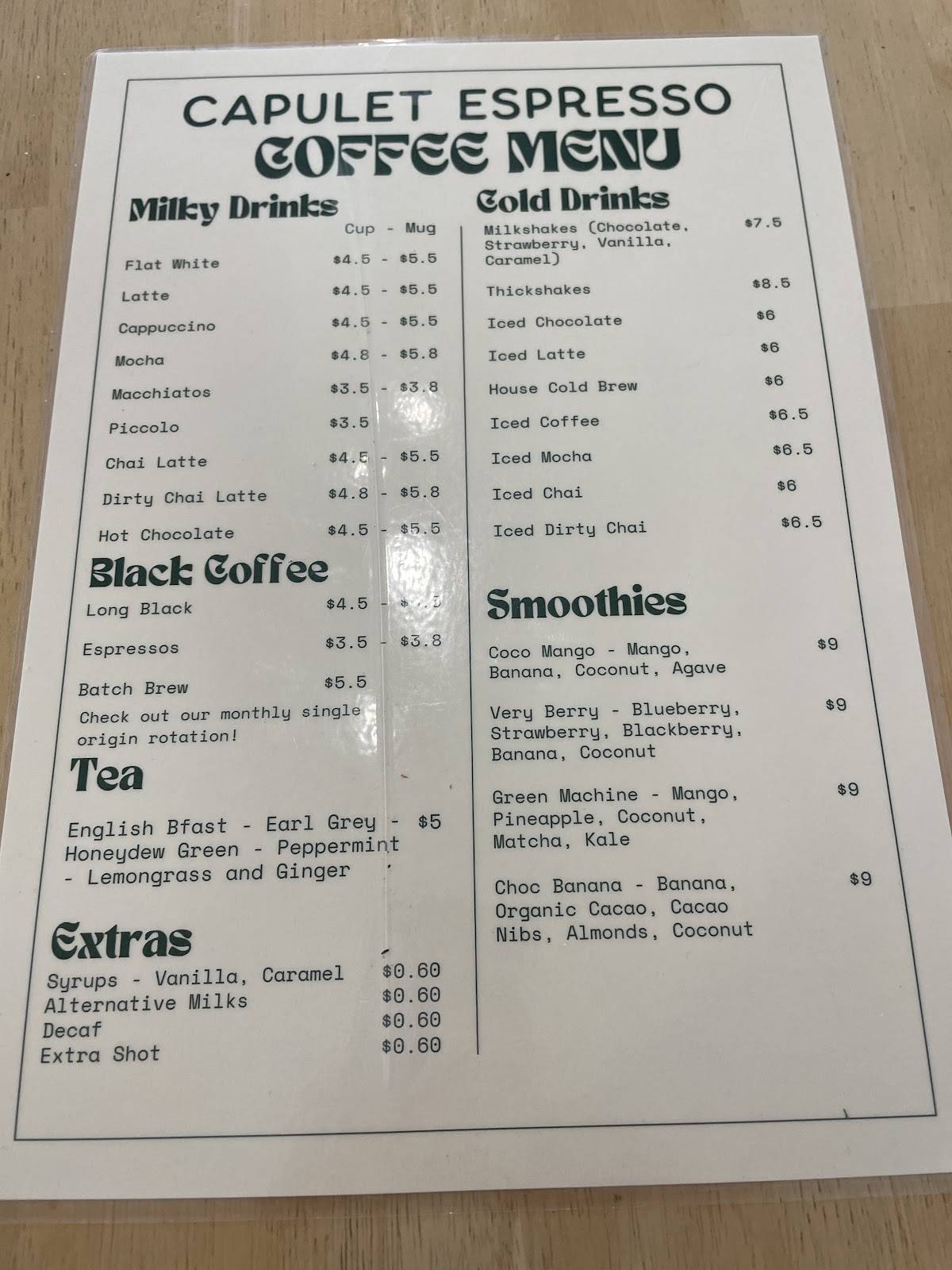 Menu at Capulet Espresso, Woody Point