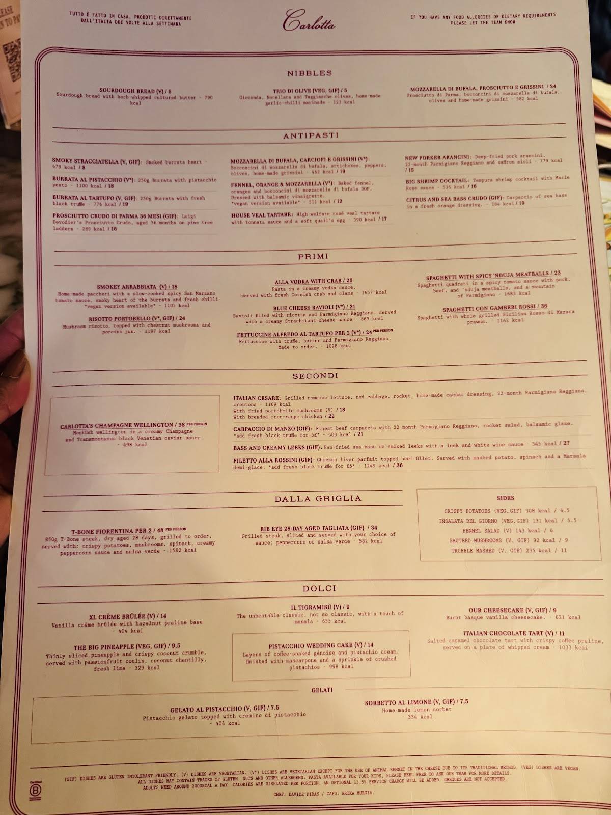 Menu at Carlotta restaurant, London
