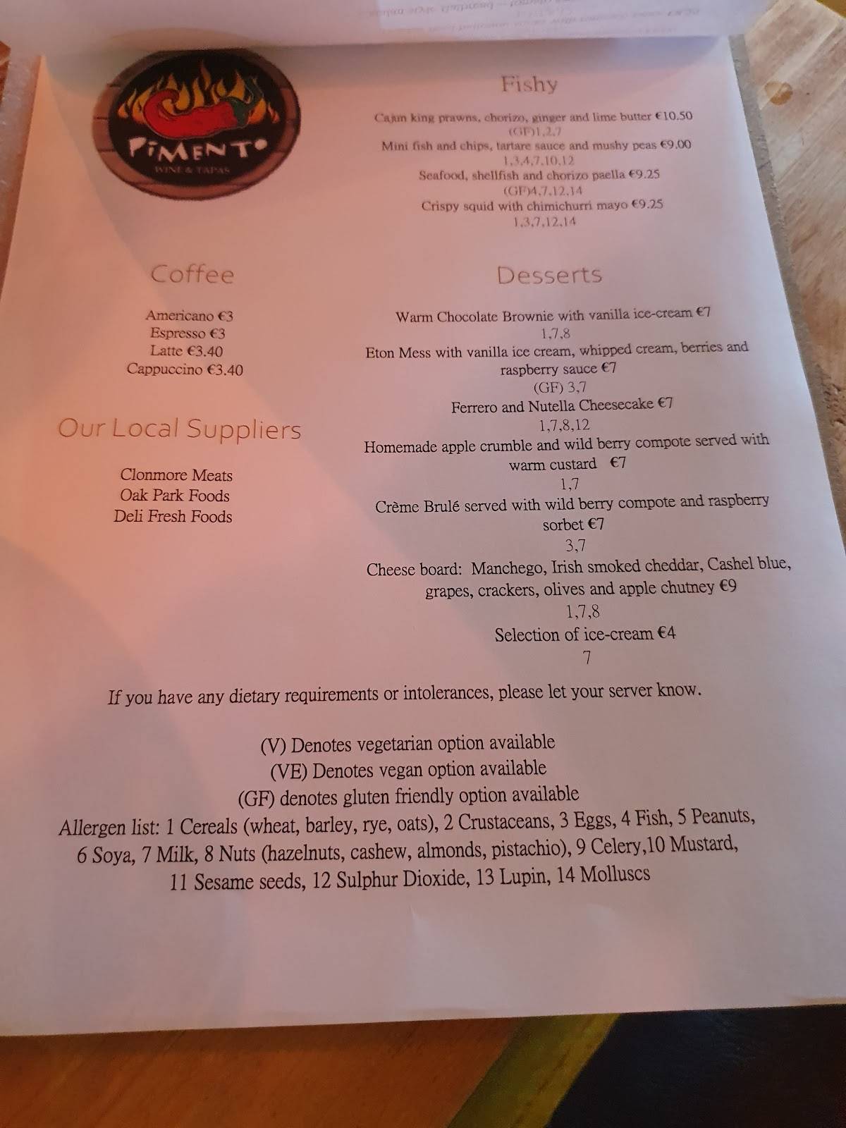 Menu at Pimento pub & bar, Carlow