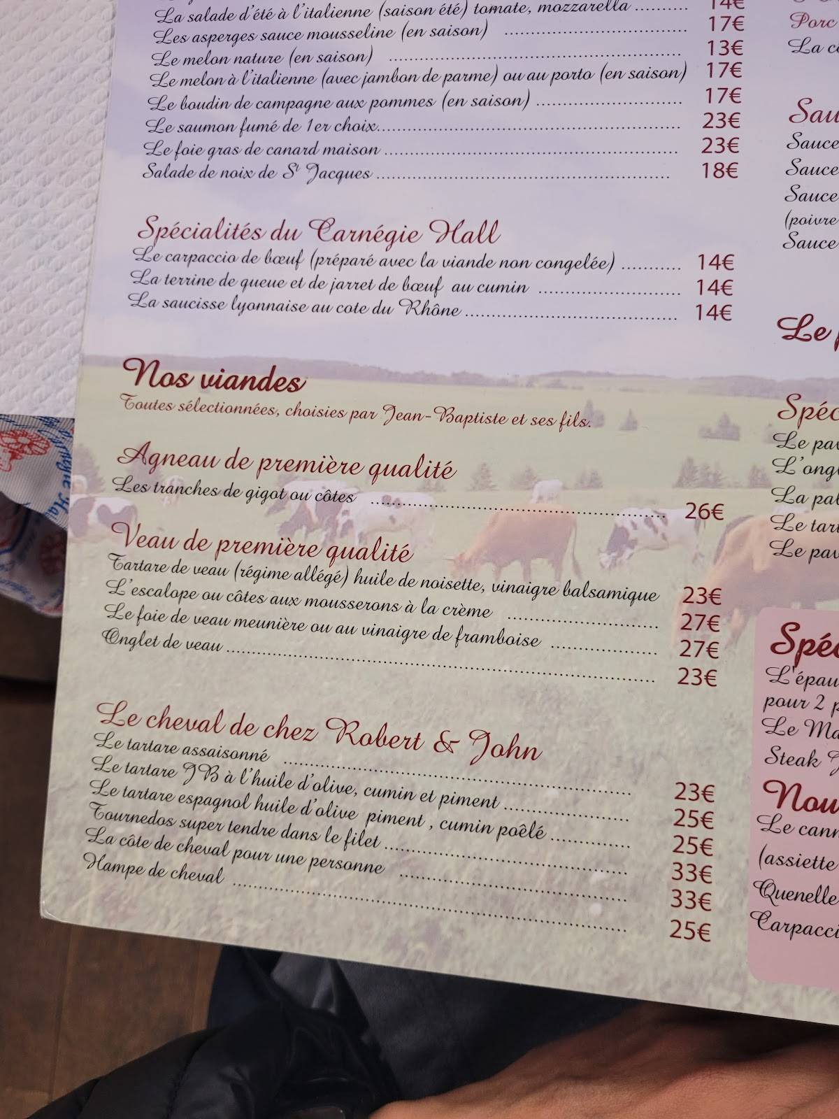 Menu au Carnegie Hall restaurant à viande, Lyon, 253 Rue Marcel Mérieux