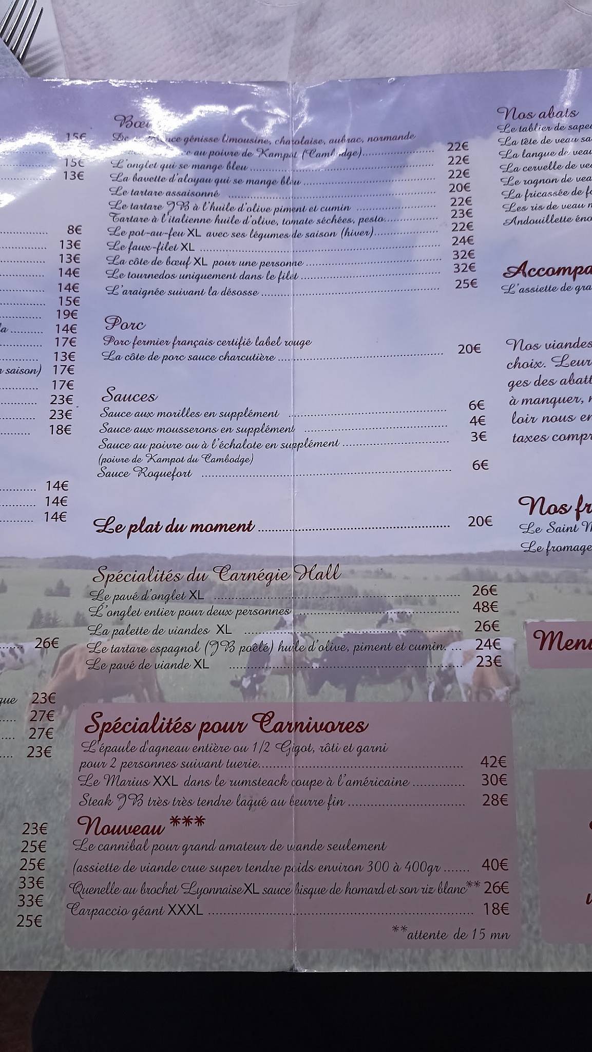 Menu au Carnegie Hall restaurant à viande, Lyon, 253 Rue Marcel Mérieux