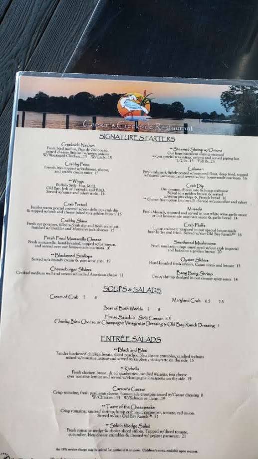 Menu at Carson's Creekside Restaurant, Middle River