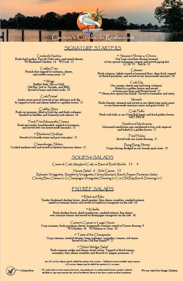 Menu at Carson's Creekside Restaurant, Middle River