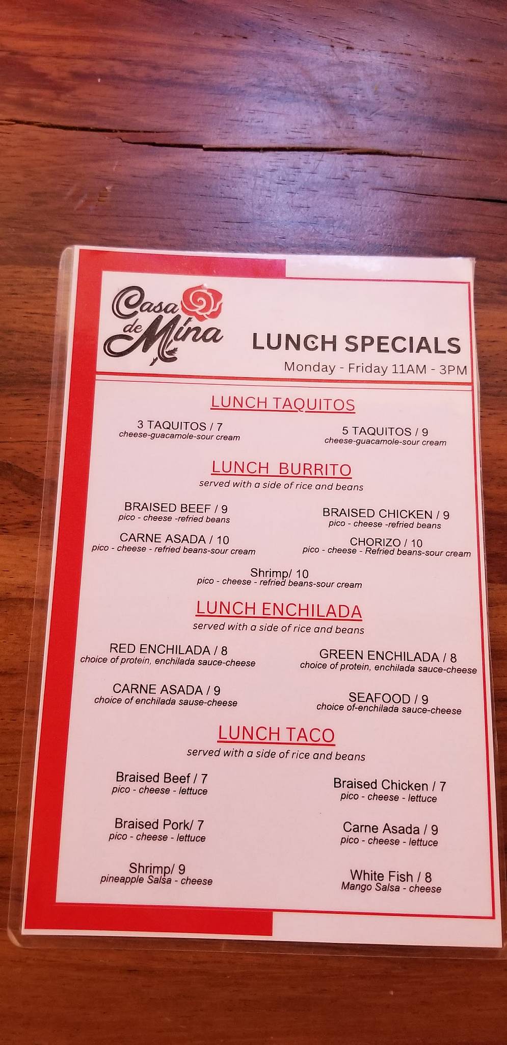 Menu at Casa De Mina restaurant, Queen Creek