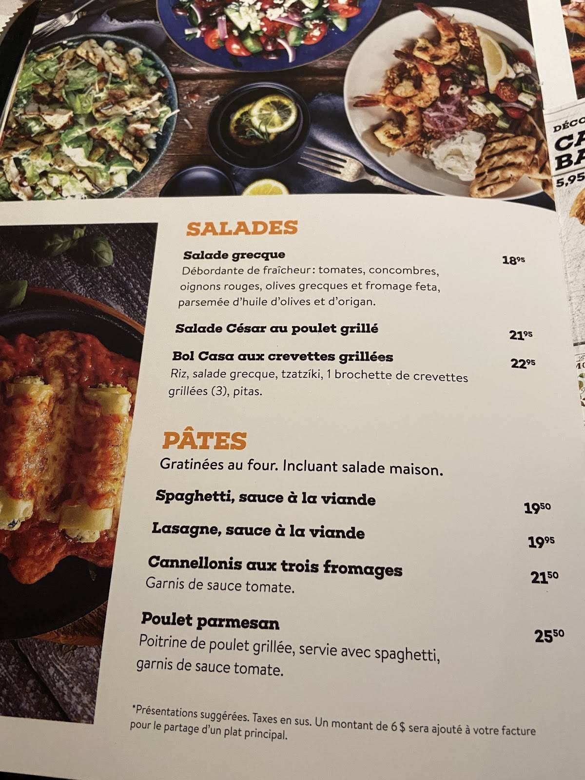 Menu au Casa Grecque restaurant, Saguenay