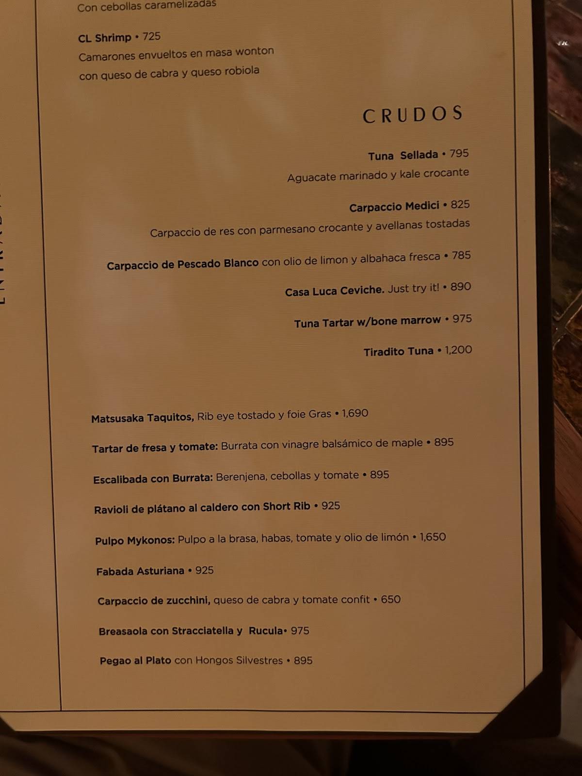 Menu at Casa Luca restaurant, Santo Domingo