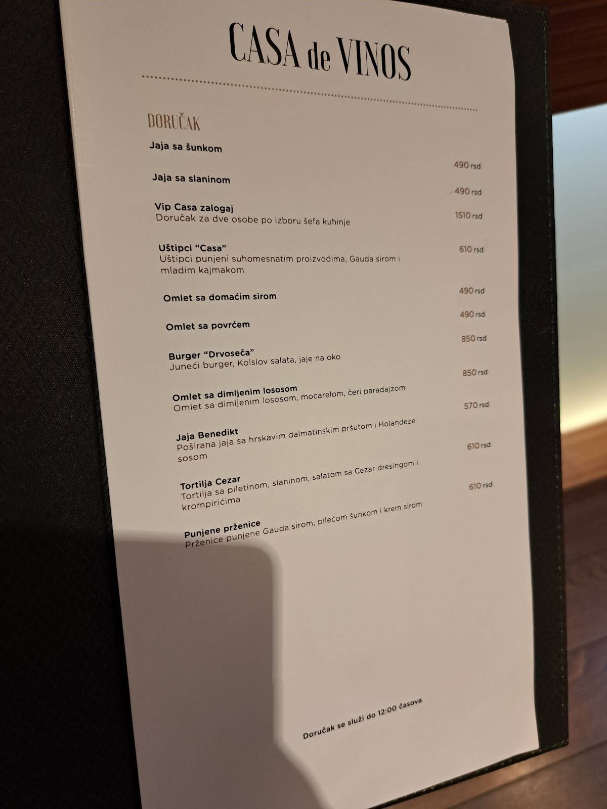 Menu at Casa de Vinos restaurant, Zlatibor