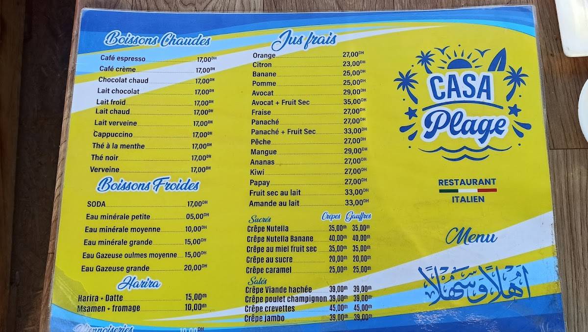 Menu au Casa plage restaurant, Casablanca