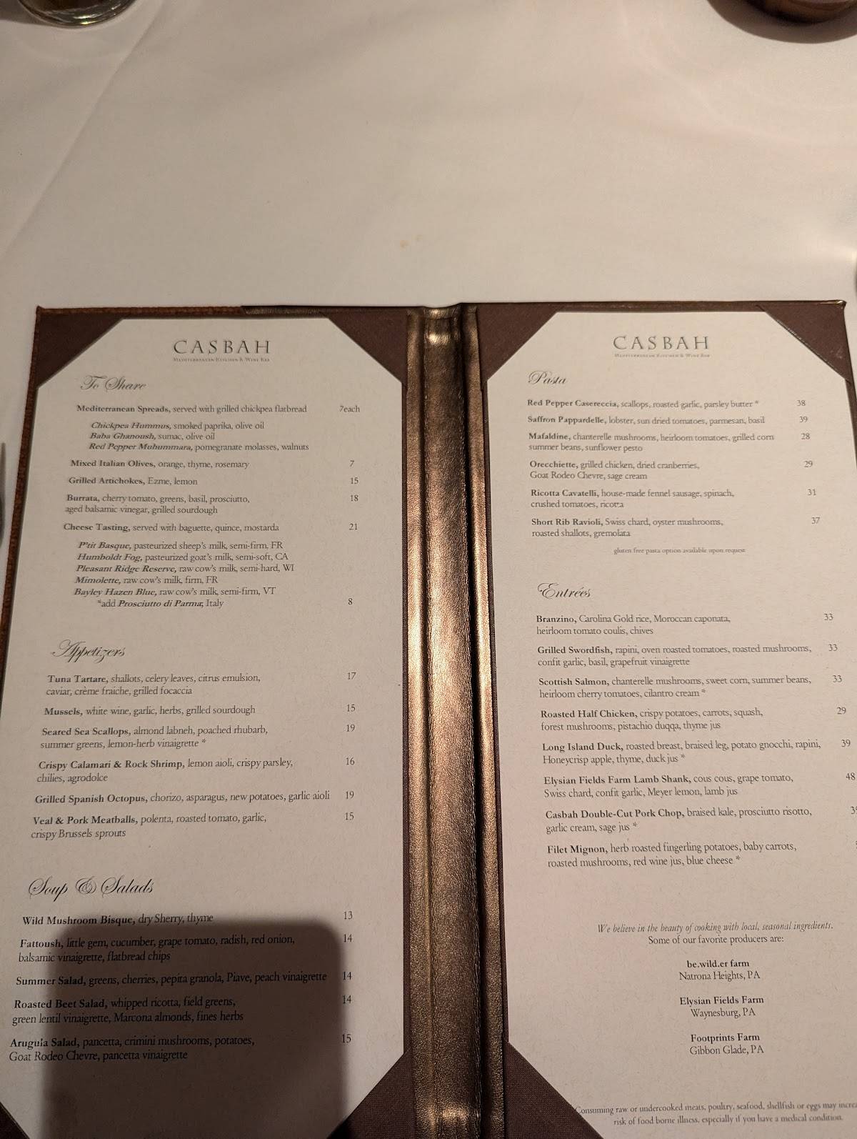 Menu at Casbah restaurant, Pittsburgh